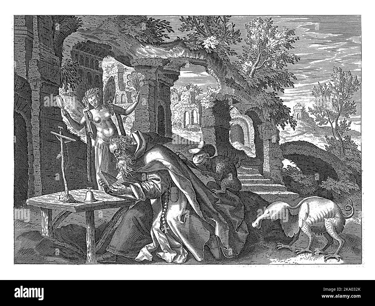 Saint Anthony the Great in front of a crucifix in a ruin. He reads a ...