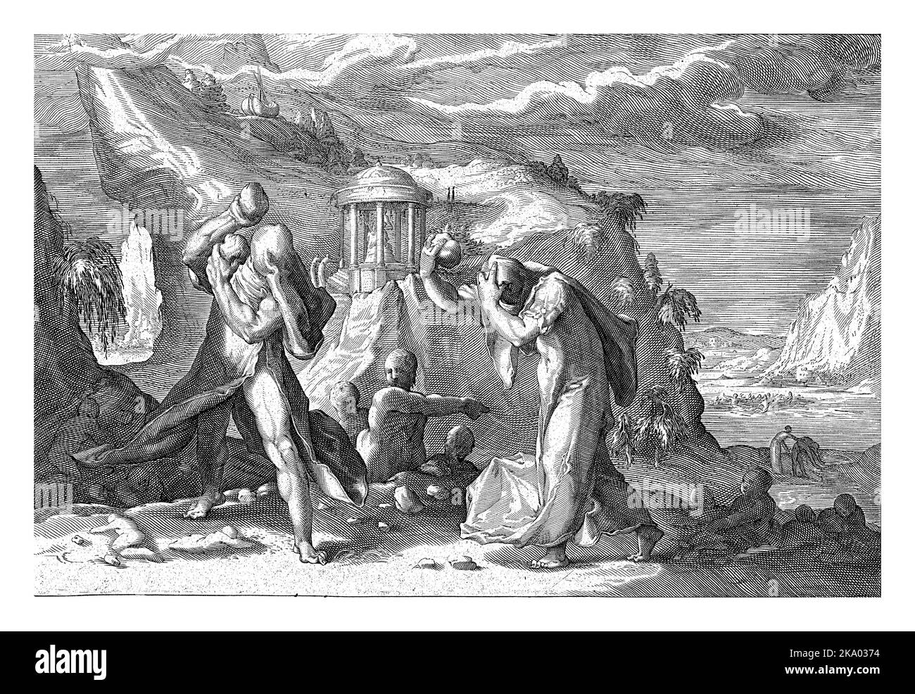 A man and a woman throw stones behind them with their faces covered ...