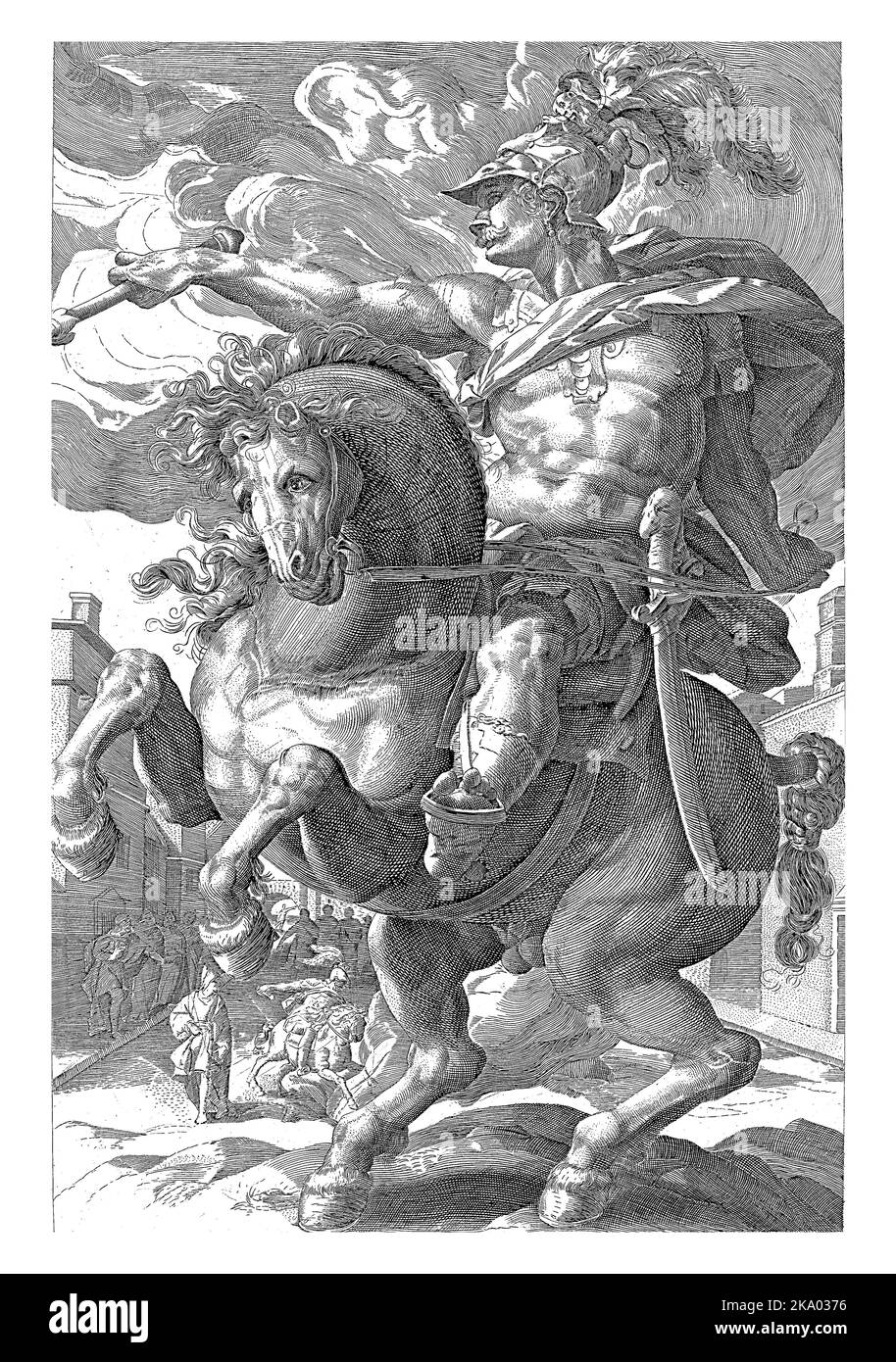 The hero Marcus Curtius on horseback, a captain's staff in his right ...