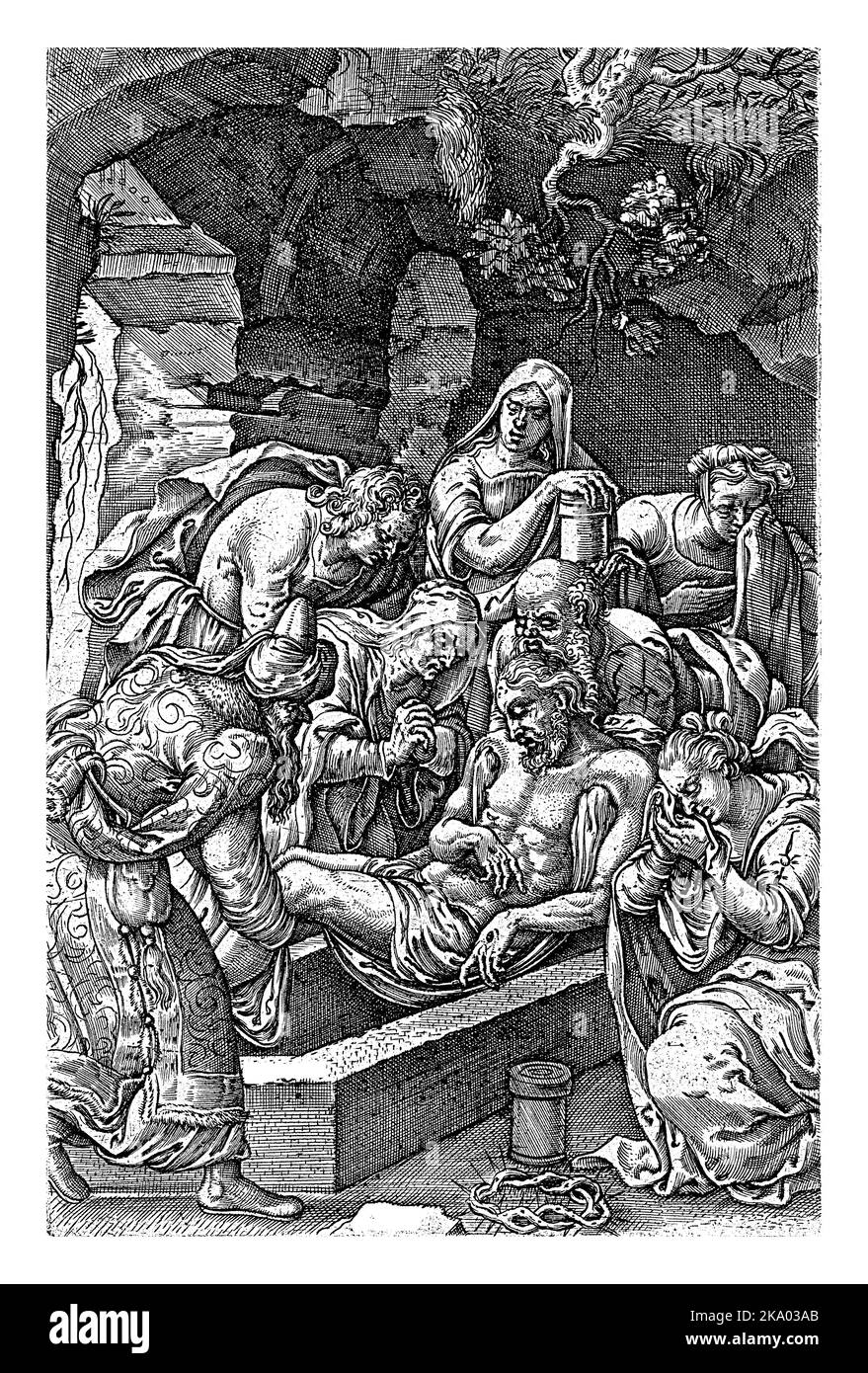 Entombment of Christ, Johannes Wierix, after Pieter van der Borcht (I), 1571 Christ is laid in ...