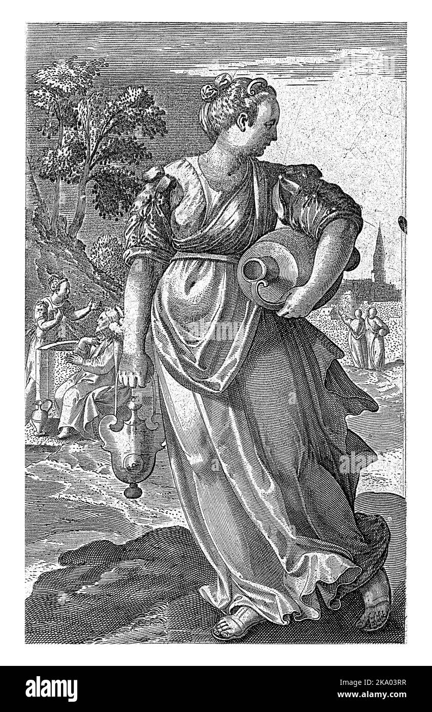 In the foreground the Samaritan woman, a water pitcher in her hand. In ...