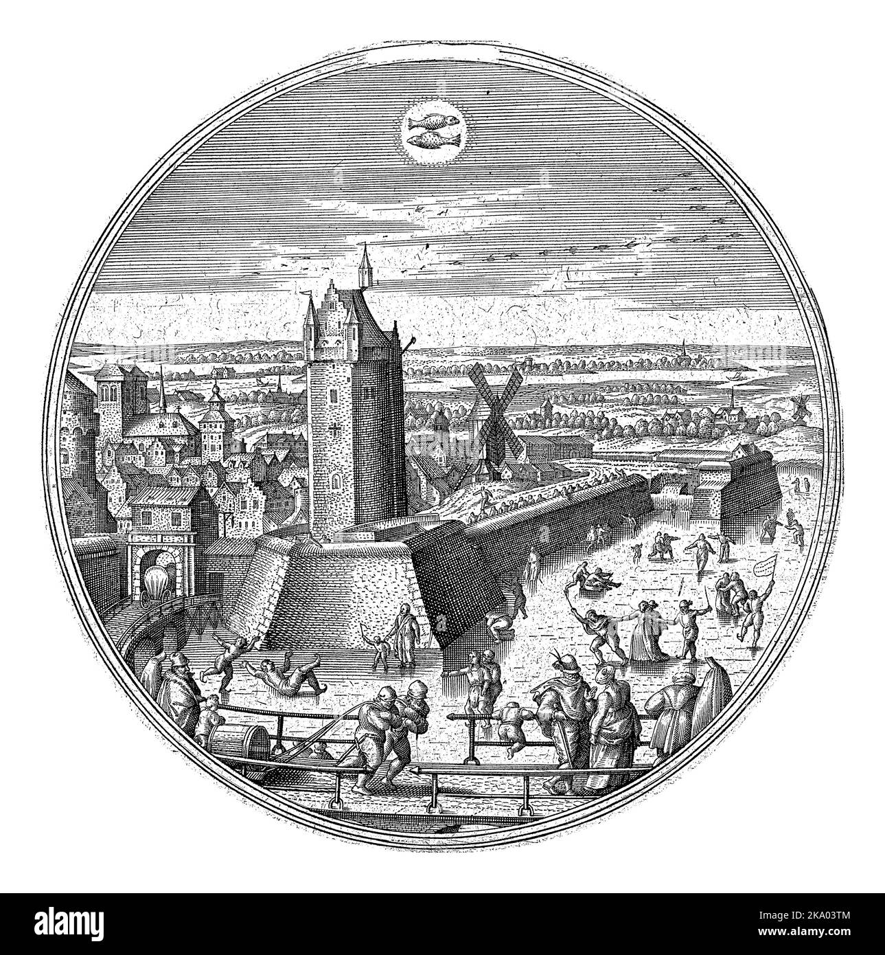 February, Adriaen Collaert, after Hans Bol, 1578 - 1582 Round list with ...