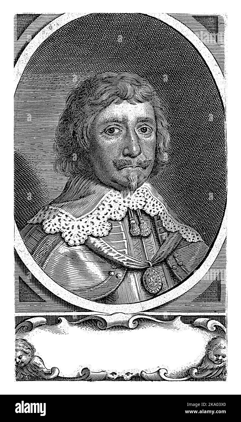 Portrait of Frederik Hendrik in an oval. His name in a cartouche Stock ...