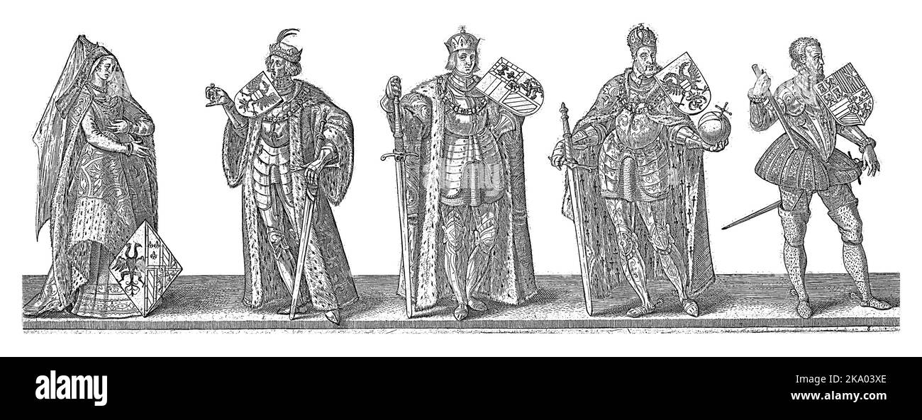 Depiction of one woman with shield and staff, and four men with sword ...