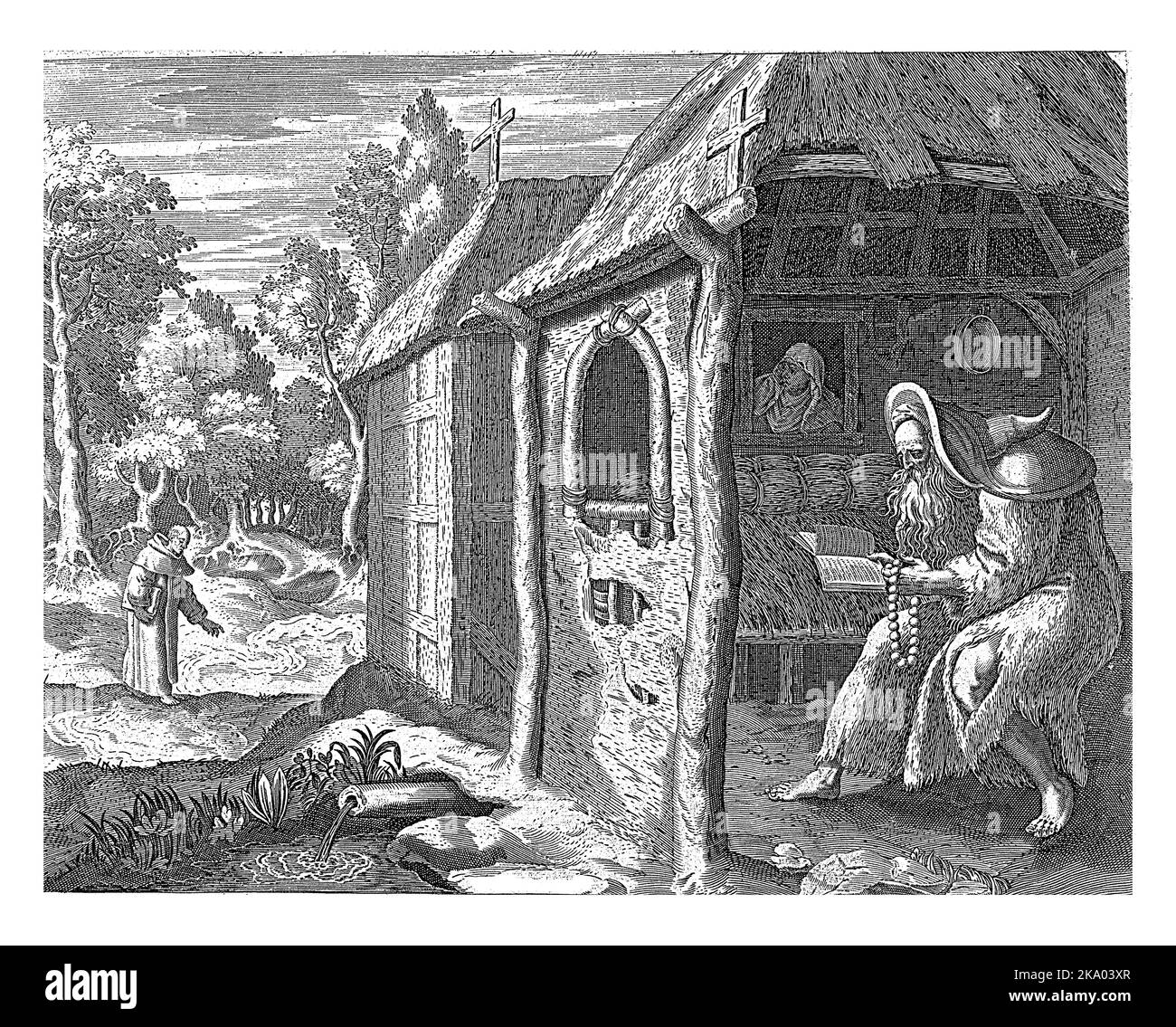 St. Abraham as a hermit in a hut. He is reading from a bible and is ...