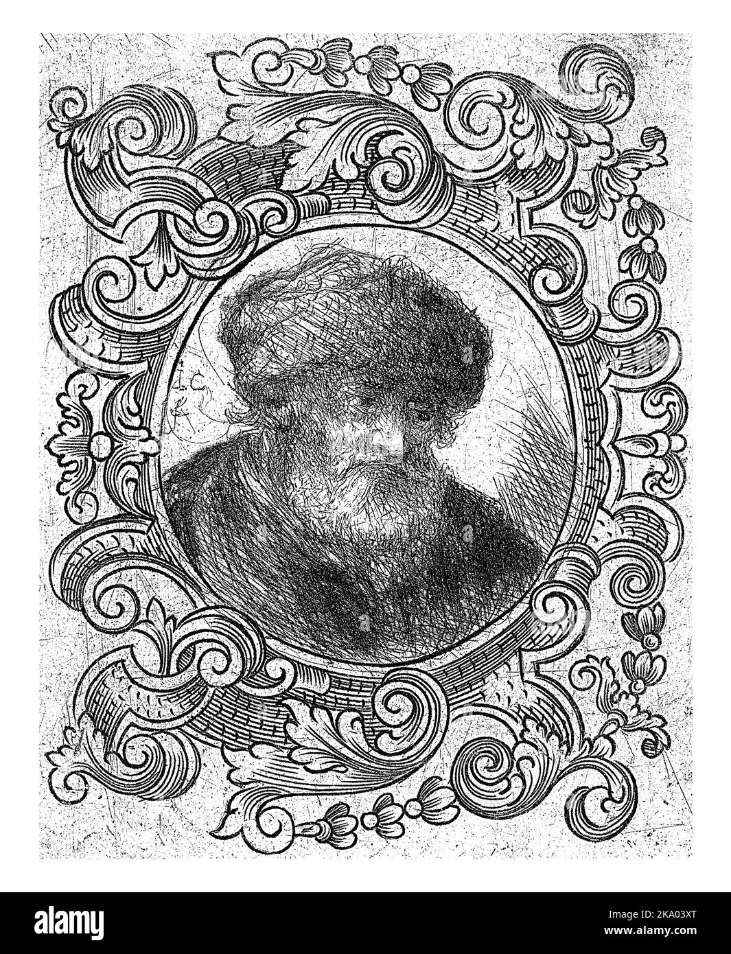 Portrait in a round frame of an old man. Bust to the left. Around the ...