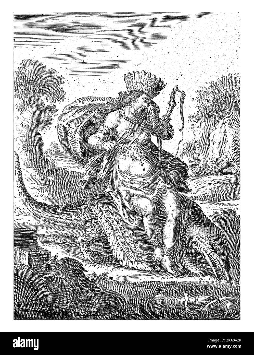 Female personification of America as a woman with a feather headdress ...