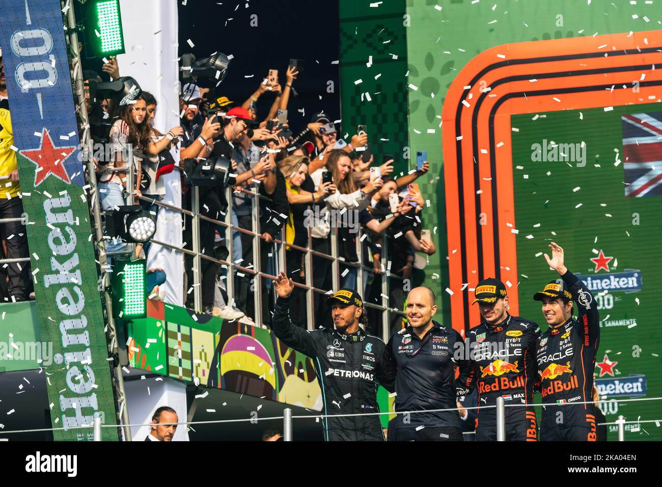 The podium (L to R): Lewis Hamilton (GBR) Mercedes AMG F1, second ...