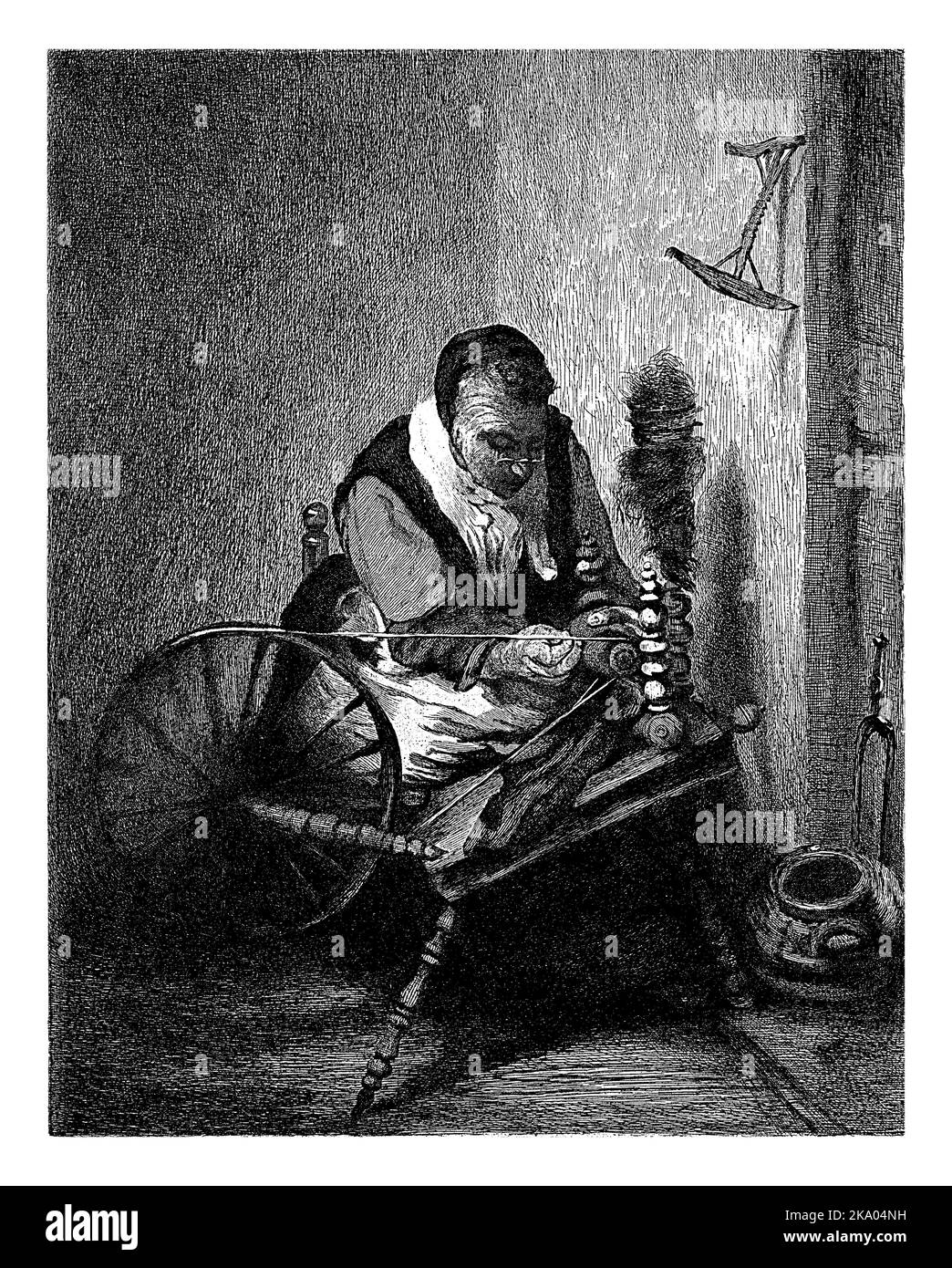 The spinster. An old woman spinning wool in the corner of a room. A ...