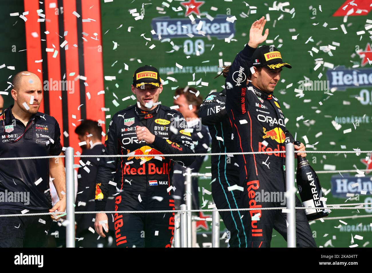 Sergio Perez (MEX) Red Bull Racing celebrates his third position on the ...