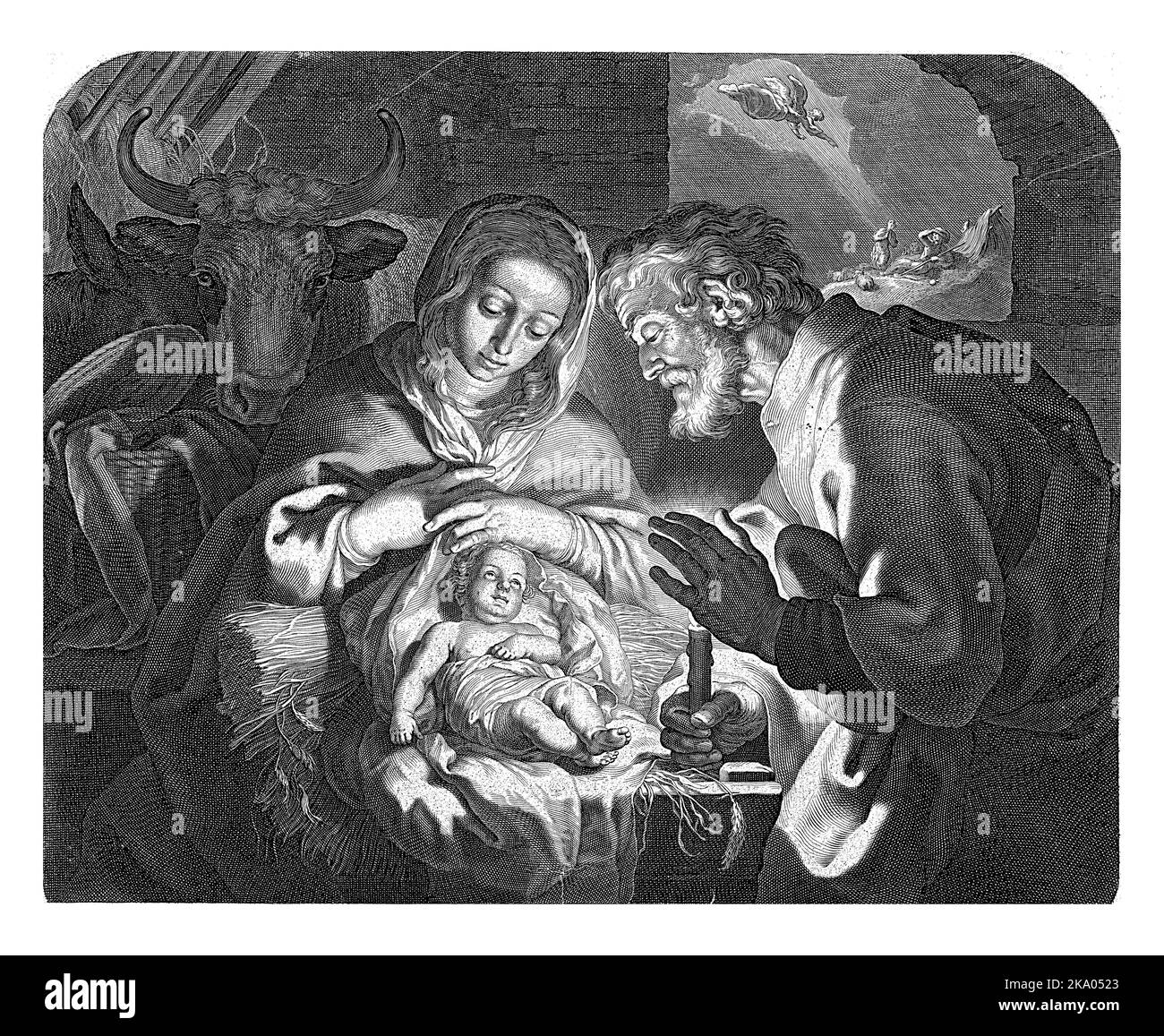 The Holy Family. Mary and Joseph worship the child by the light of a ...