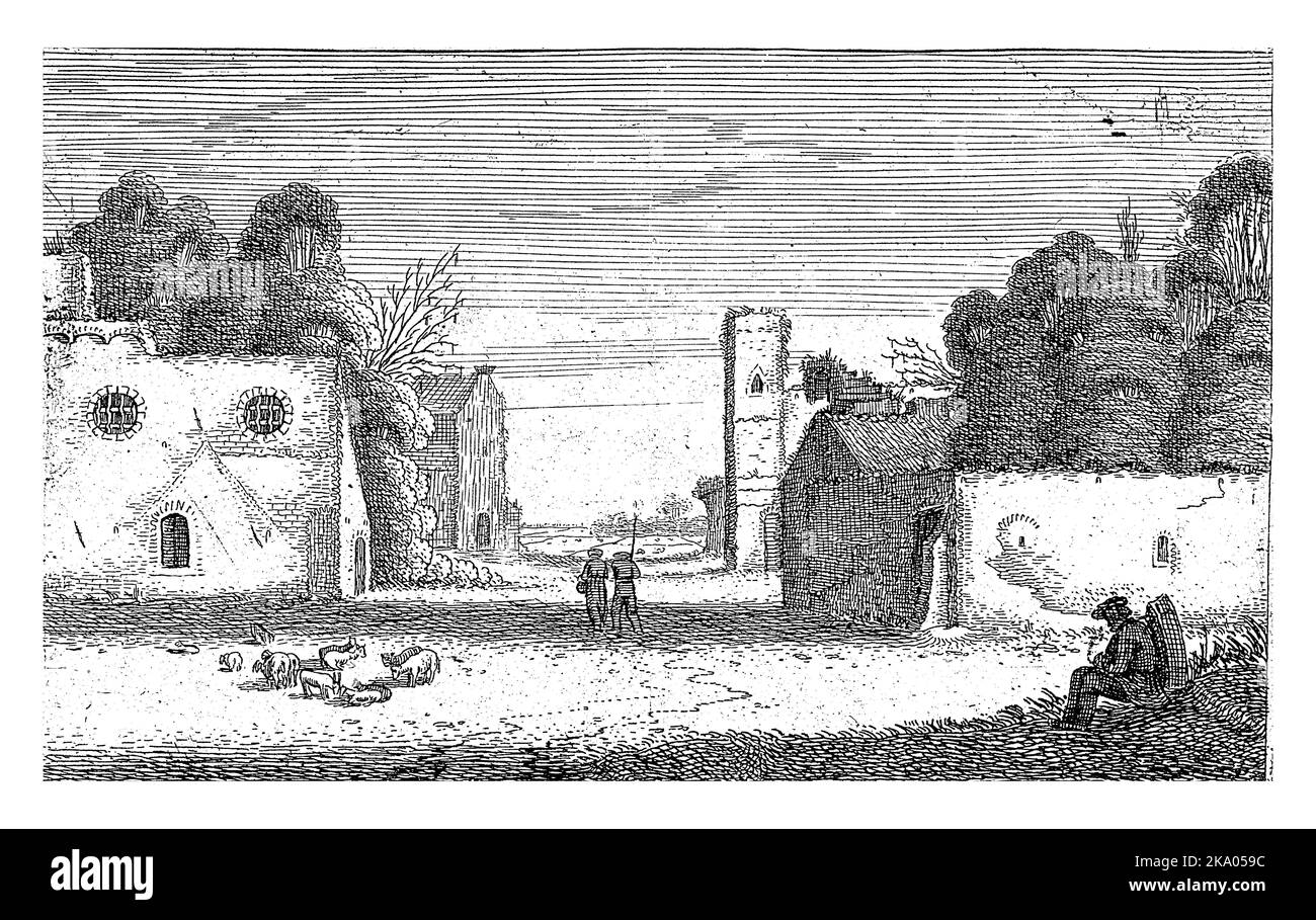 Figures at the ruins of a village, Jan van de Velde (II), 1616 Two ...