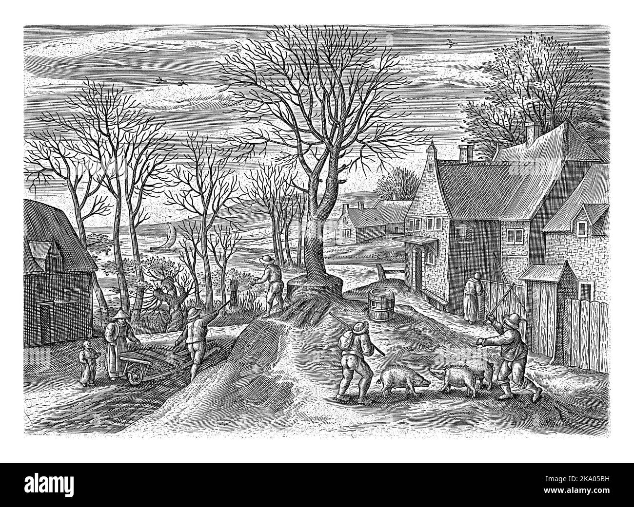 Winter landscape with winter scenes. February is the gleaning month ...