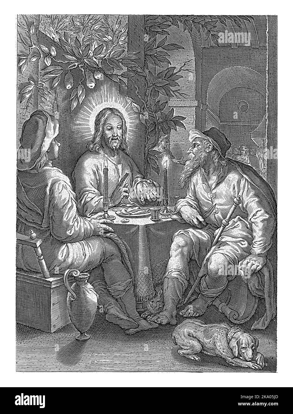 Christ at the table with the Emmaus, while blessing the bread Stock ...