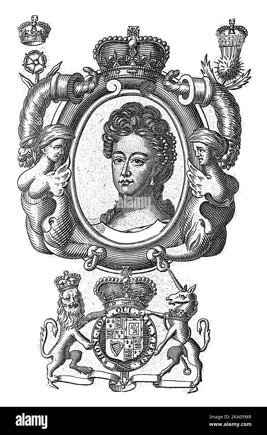 Portrait of Mary II in an ornamented oval. Her name and title on a ...