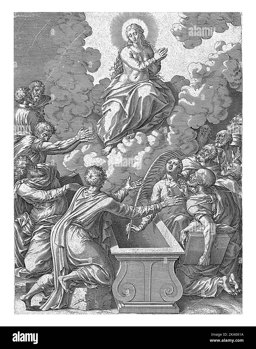 Assumption of Mary, Hieronymus Wierix, 1563 - before 1573 Mary is carried on the clouds to ...