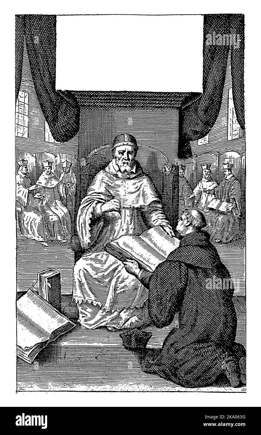 A kneeling man in a habit, possibly the author Arnoldus Corvinus ...