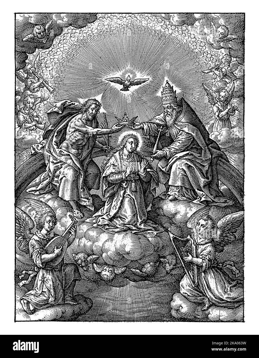 Coronation of Mary, Antonie Wierix (III), 1606 - before 1619 Mary is crowned by the Trinity ...