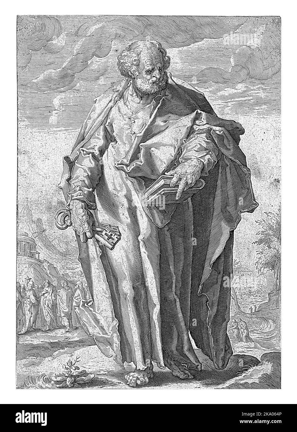 Saint Peter, full-length, standing in a mountainous landscape, two keys ...