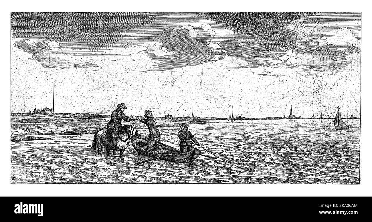 A postman on horseback wades through the water and receives mail from ...