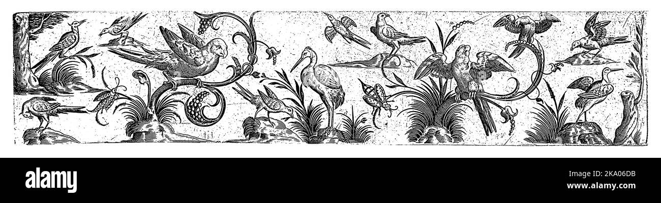 At the ends of the frieze are a tree (left) and a stump (right). To the ...