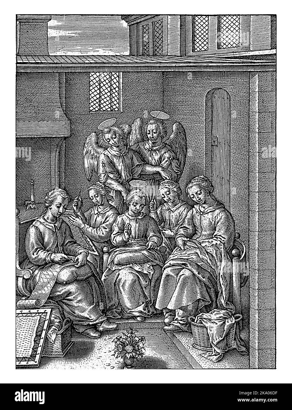 Young Mary as a seamstress, Hieronymus Wierix, 1563 - before 1619 The young virgin Mary is ...