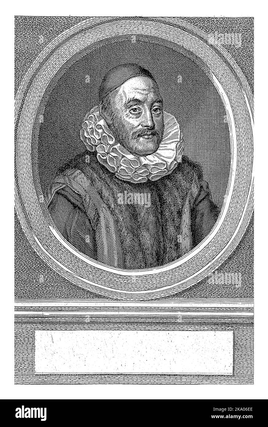 Portrait of Petrus Rijcke in an oval. The portrait rests on a plinth ...