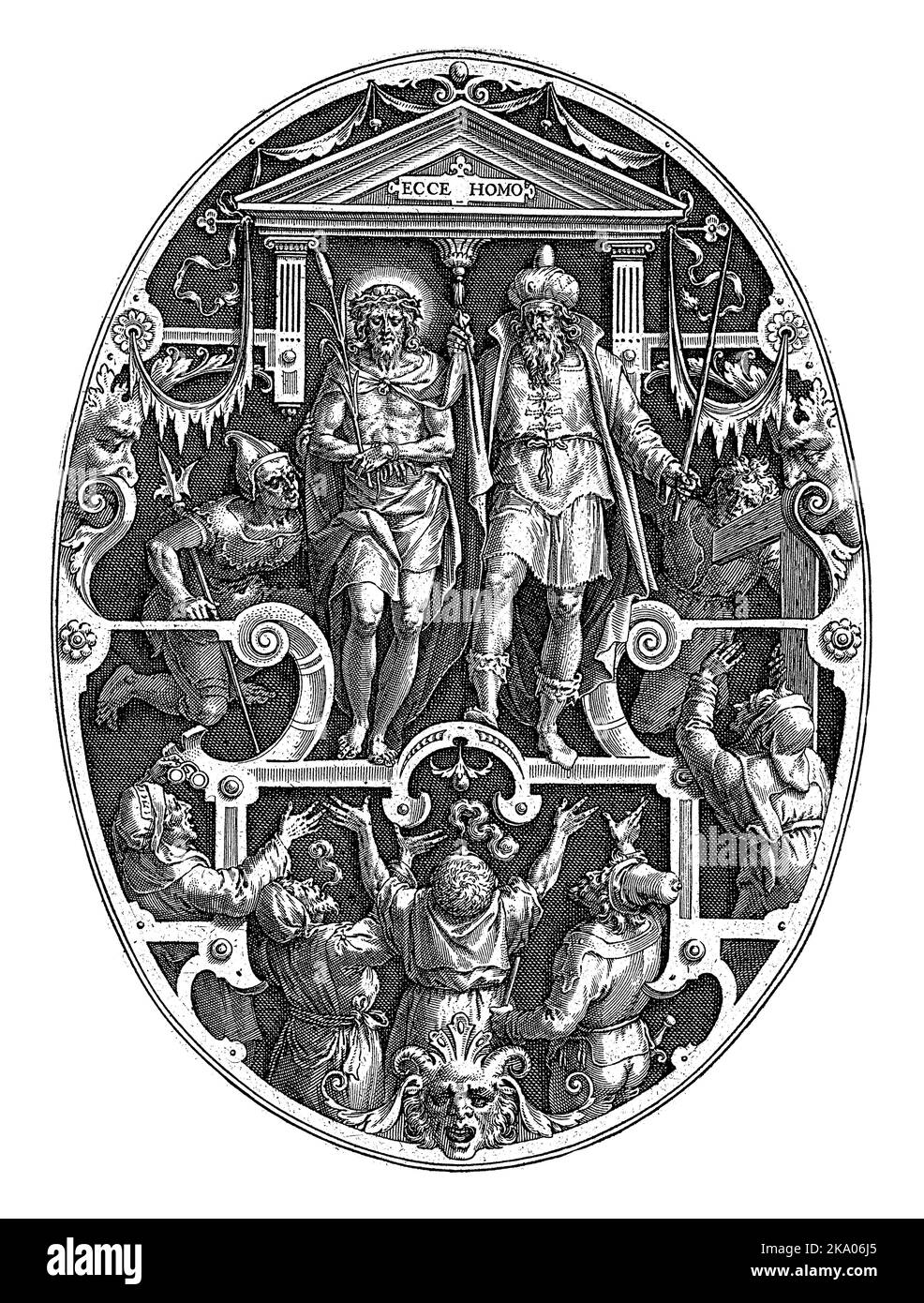 Pontius Pilate shows the scourged Christ to the Jewish people, who jeer ...