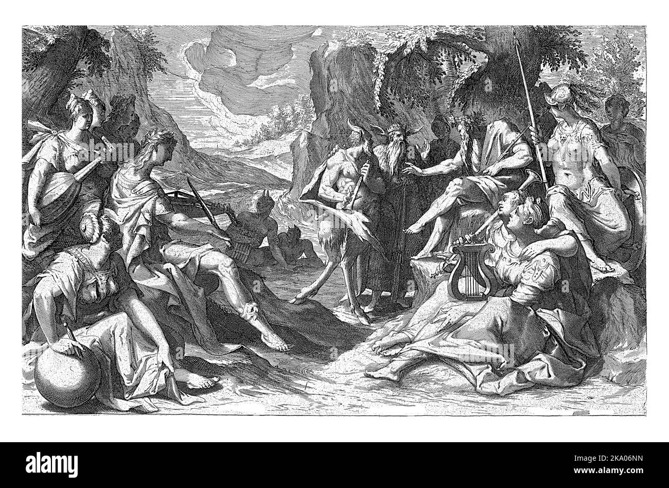 A music contest between Pan, in the center of the print, and Apollo ...