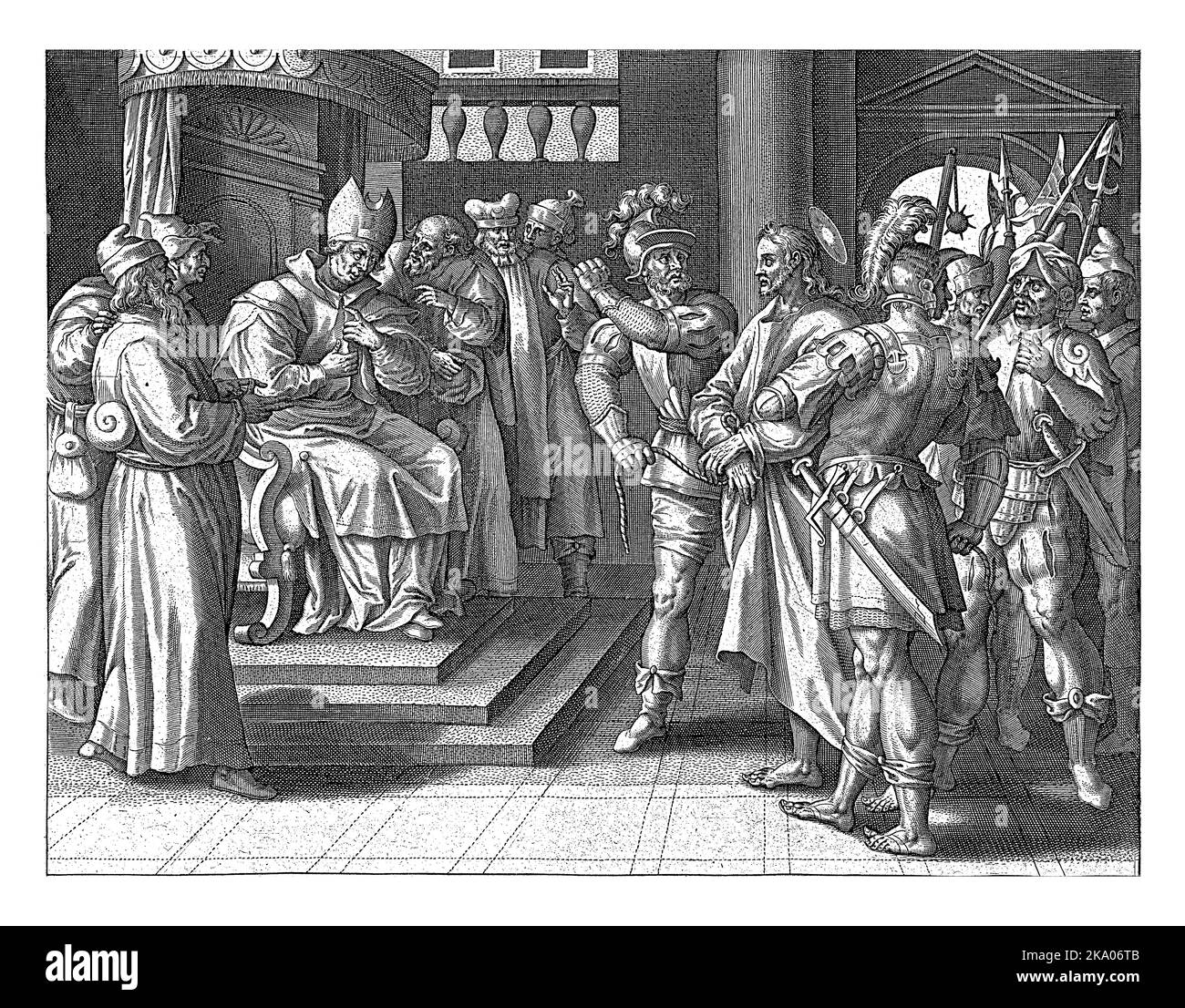 Christ is tried by high priest Caiaphas. A soldier tries to beat him ...