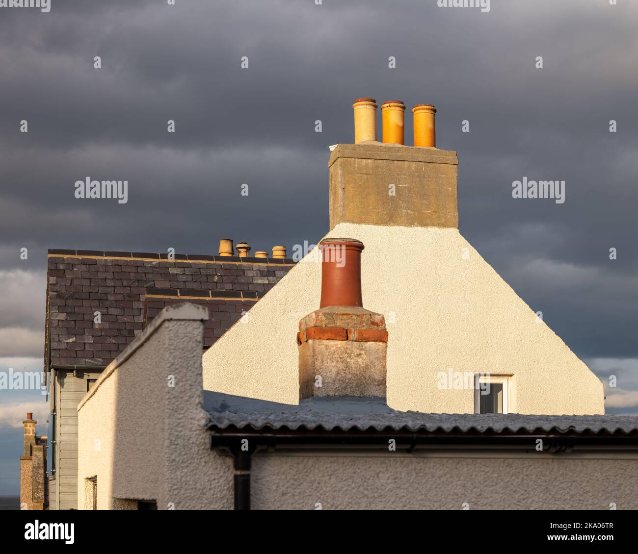 30 October 2022. Hopeman, Moray, Scotland. This is Chimney Pots on an ...