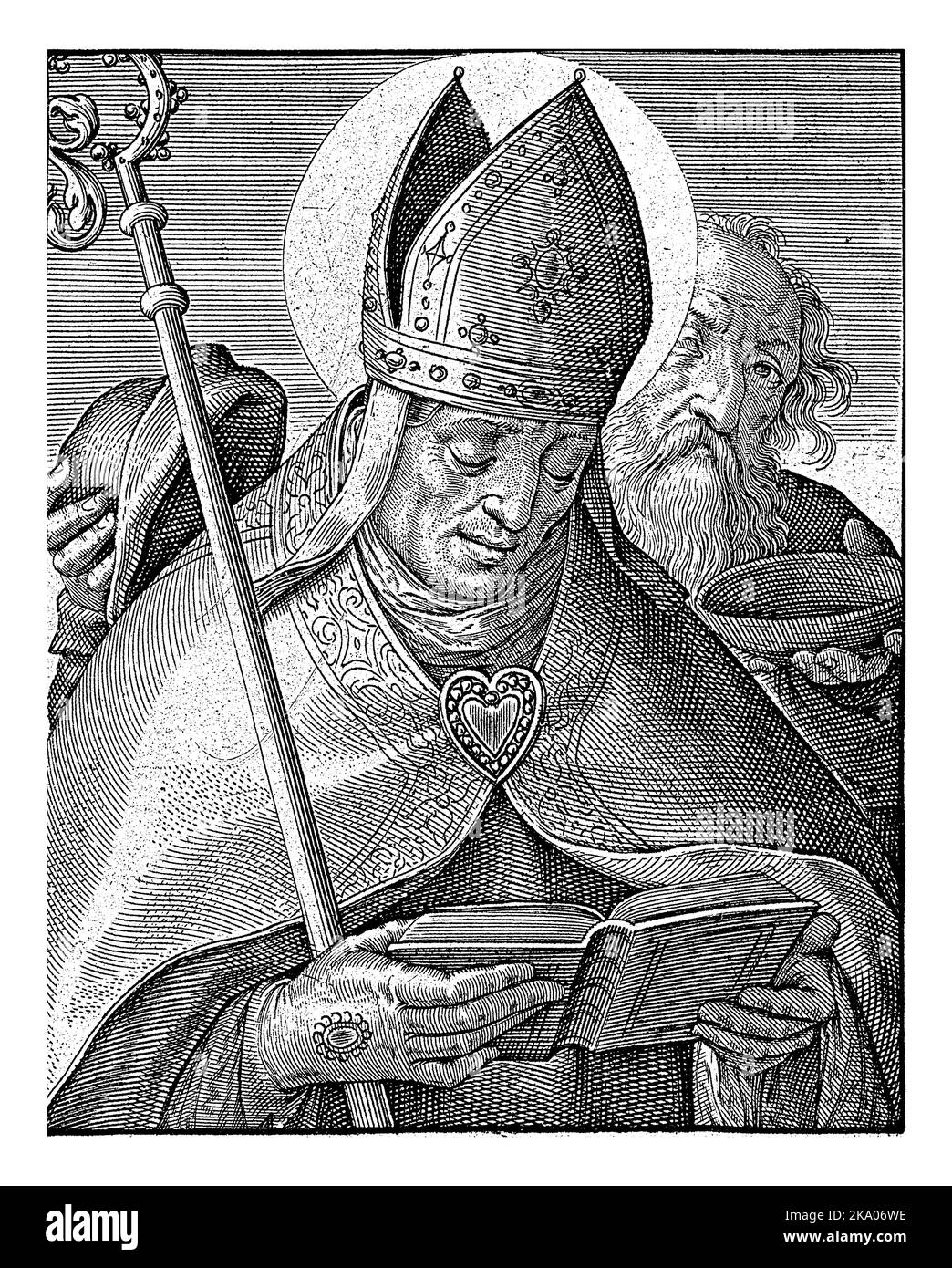 Saint Martin of Tours wears his bishop's robes and reads a book. Behind ...