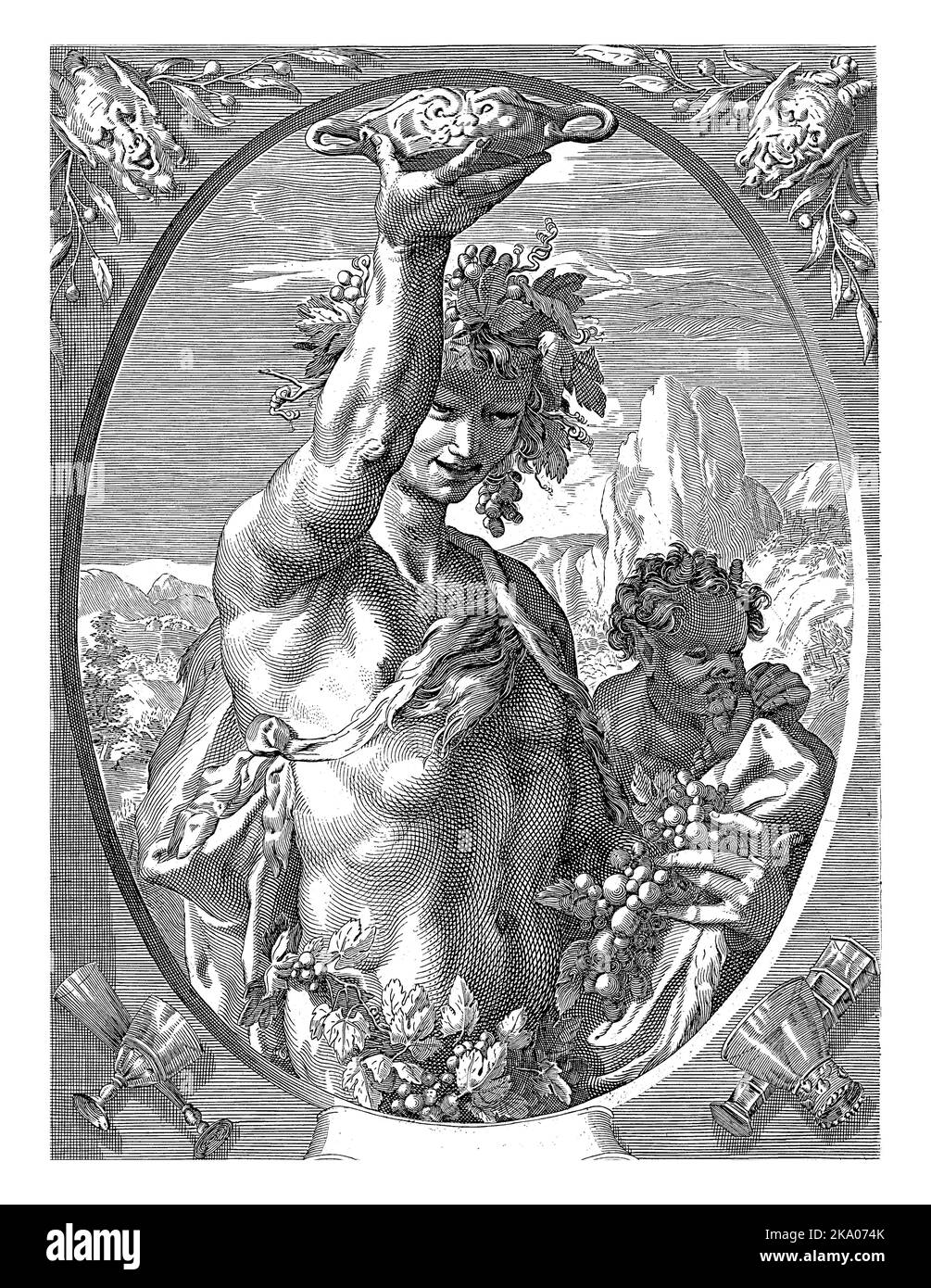 Bacchus as god of wine, with wine goblet and bunches of grapes. In oval ...