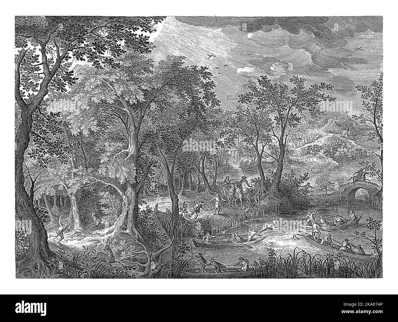Deer hunting in a wooded landscape. Three boats surround a deer that ...