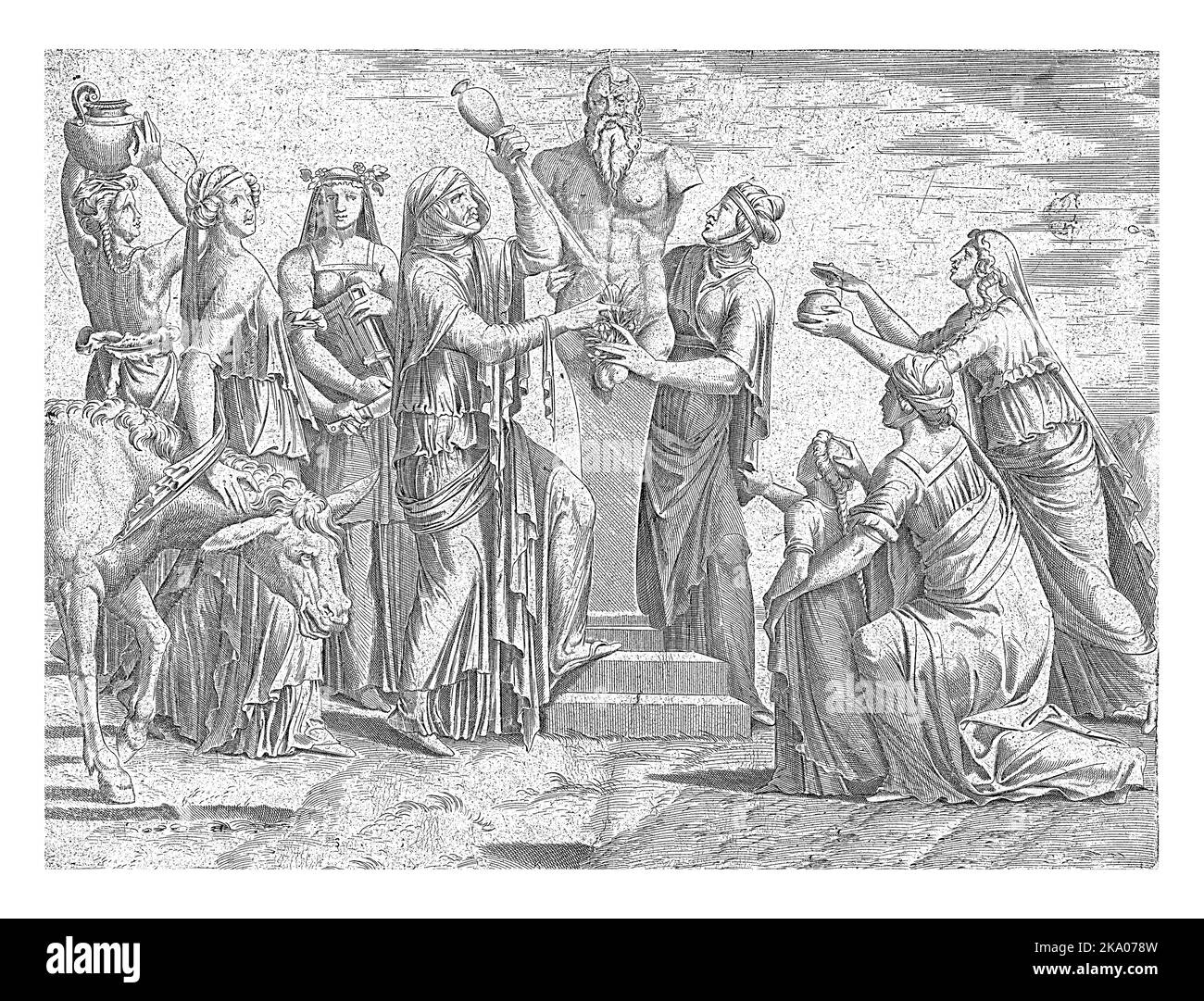 Seven women and a young girl surround a statue of Pirapus. Two women ...