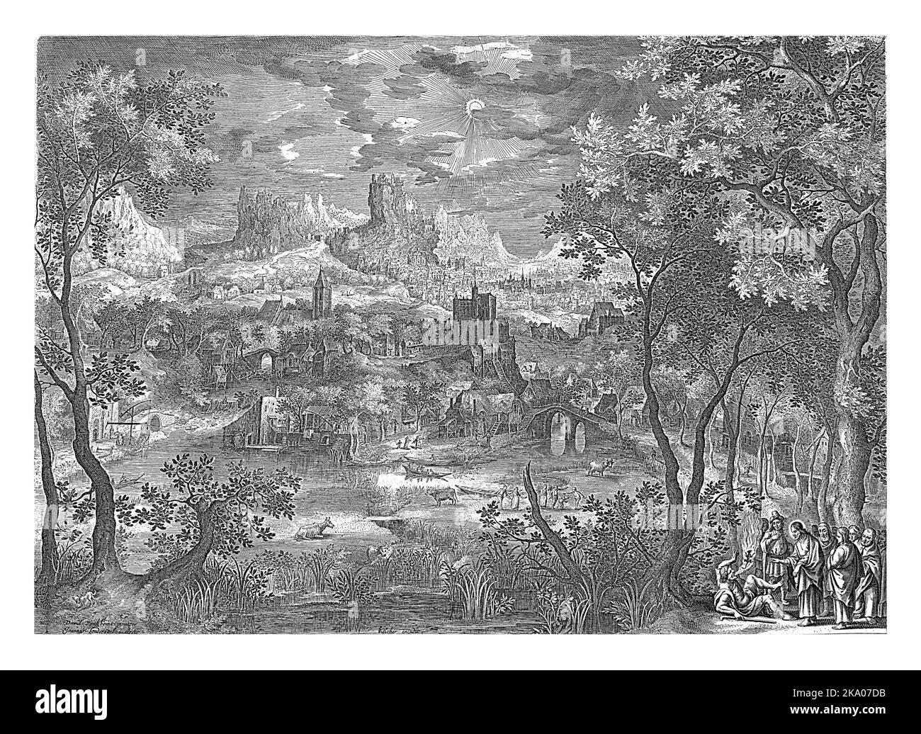 Wooded landscape with a city built against the hills in the distance ...