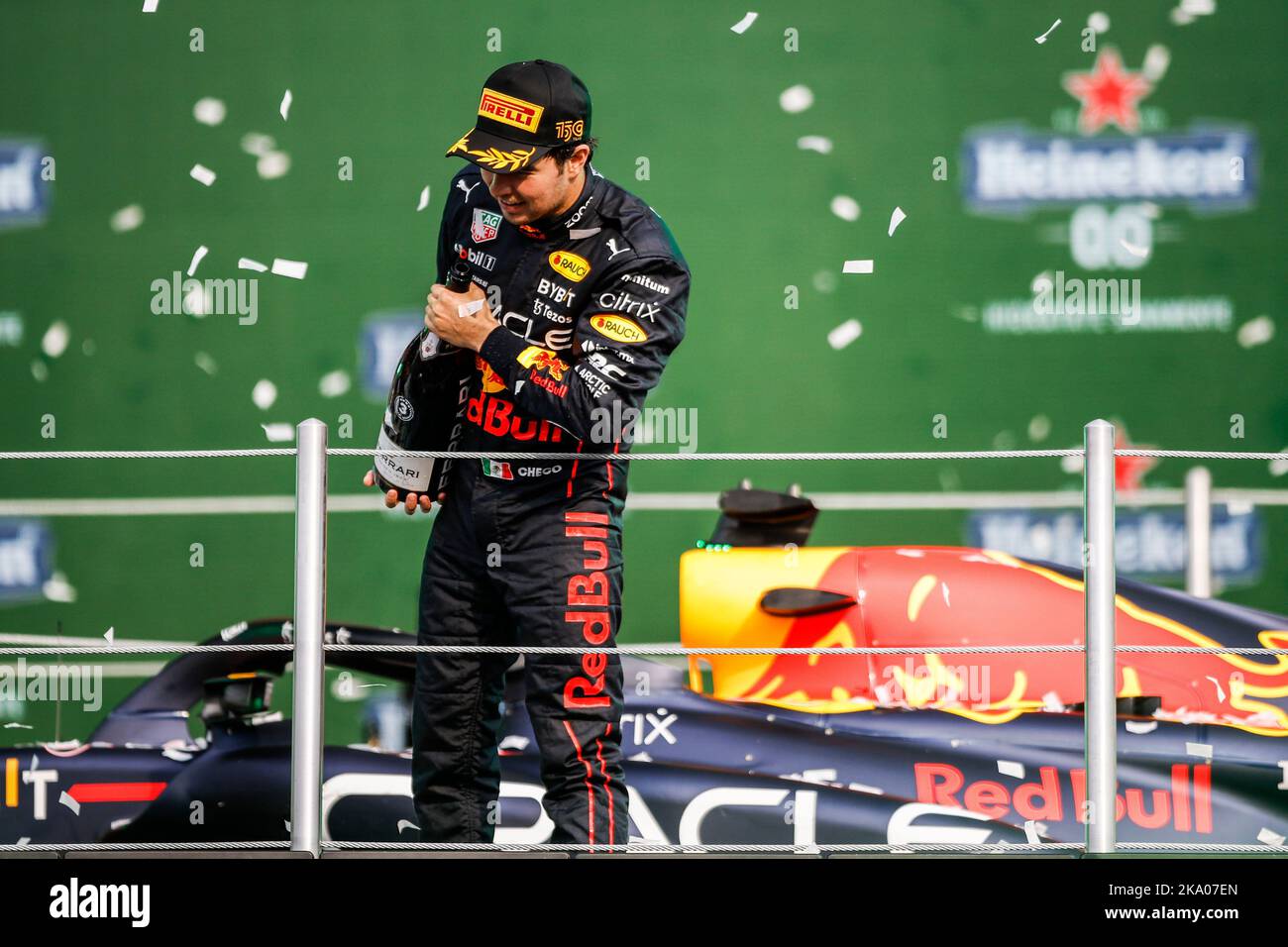PEREZ Sergio (mex), Red Bull Racing RB18, portrait podium celebration ...