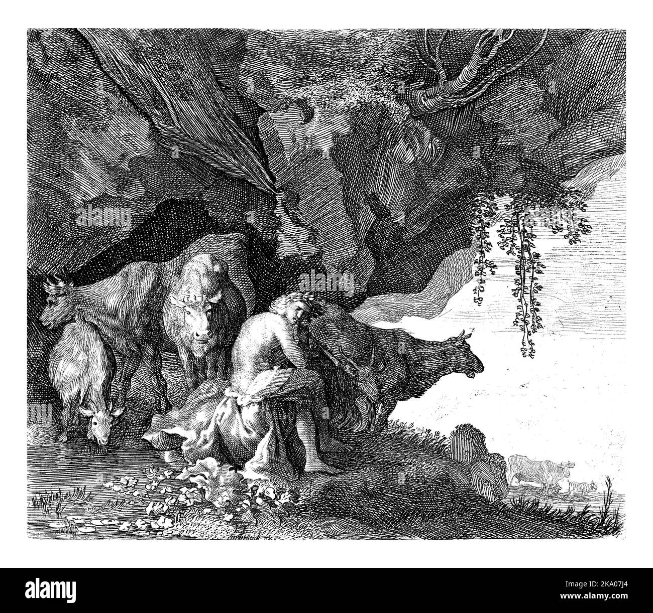 Apollo plays the flute, behind him stands his flock Stock Photo - Alamy