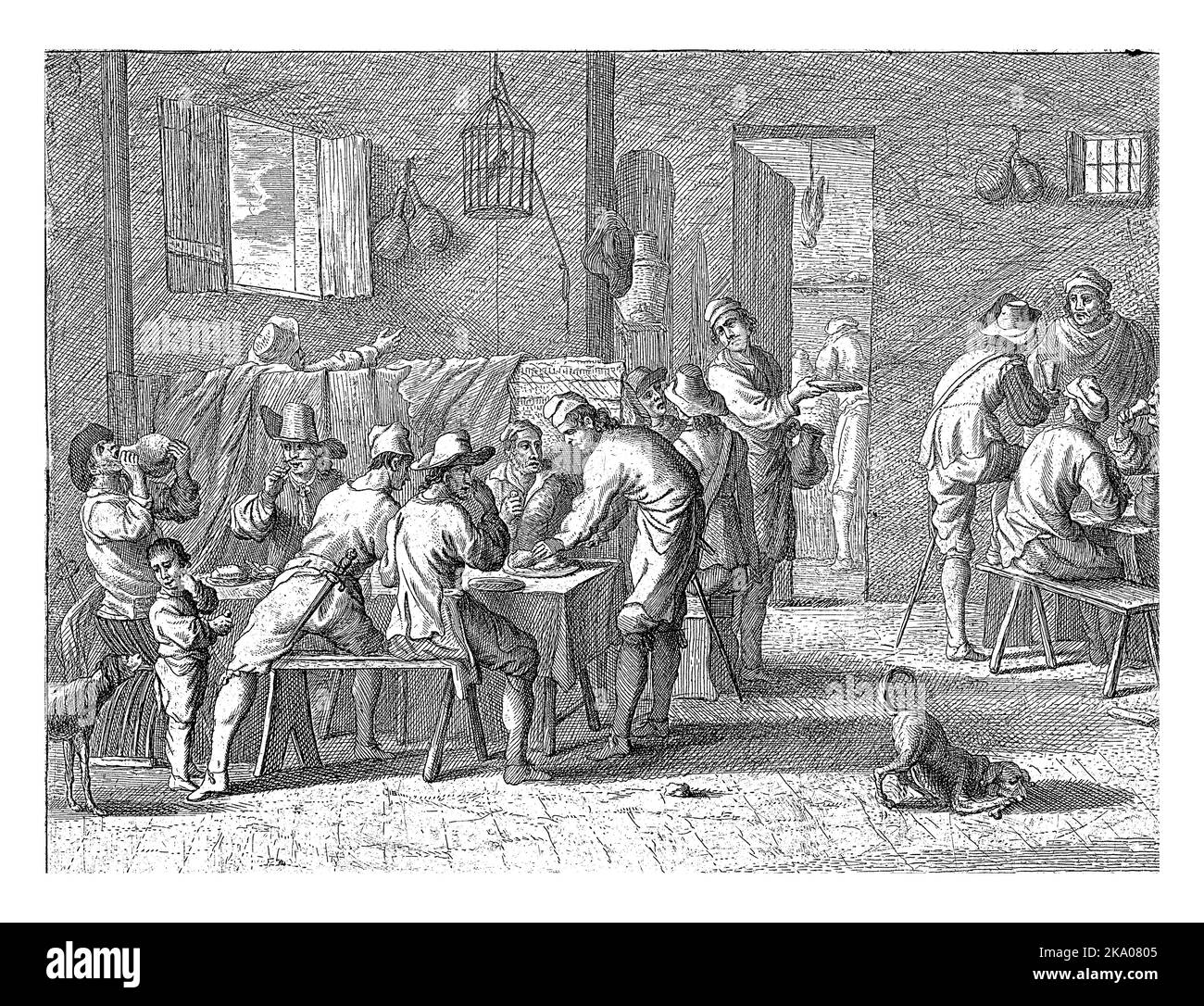 Interior of an inn. Men sit around tables eating and drinking. In the ...