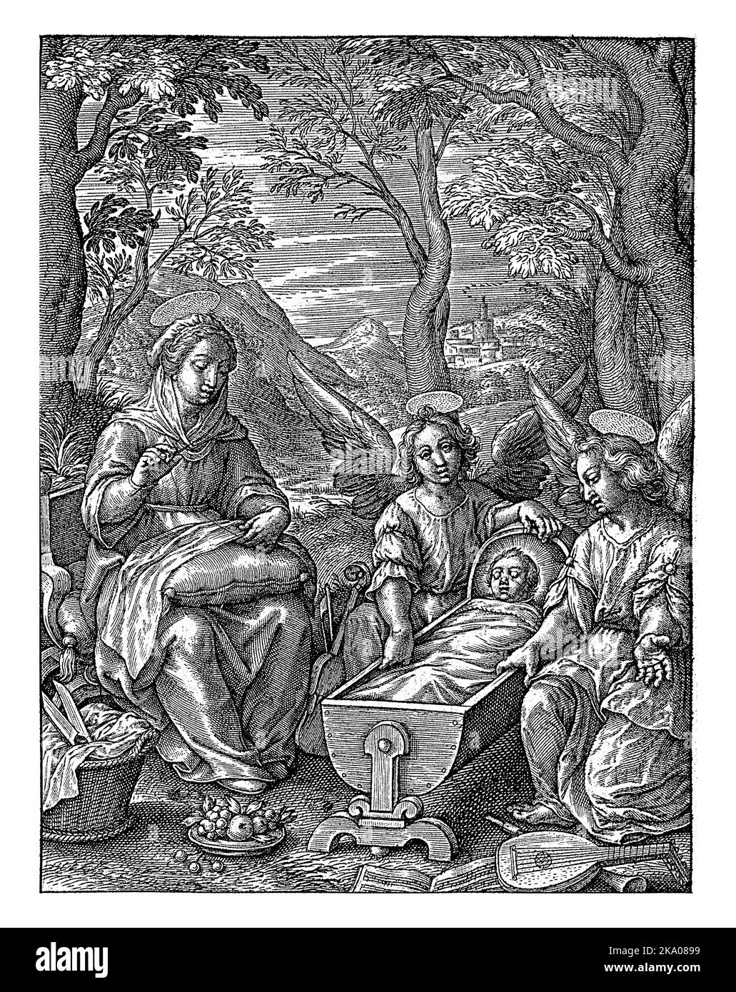 Christ Child Sleeping in the Cradle, Hieronymus Wierix, 1563 - before 1619 Landscape with the ...