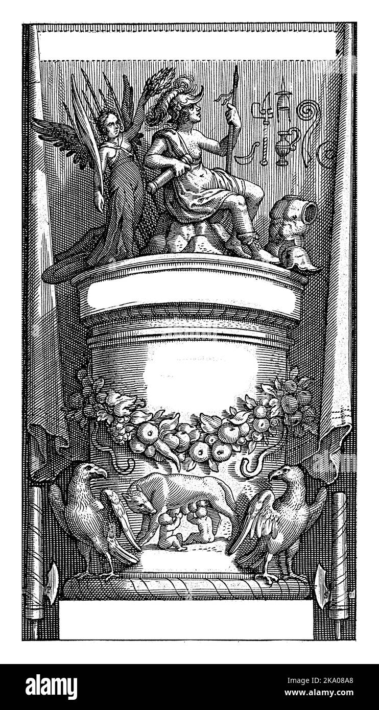 Rome, crowned by fame, sits on a pedestal decorated with a garland of ...