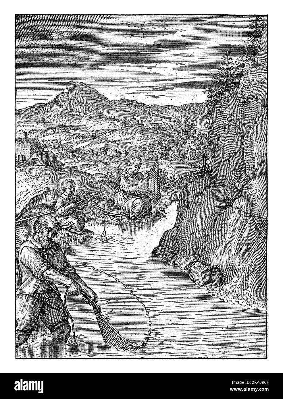 Holy Family fishing, Antonie Wierix (III), after Hieronymus Wierix, 1606 - before 1619 The Holy ...