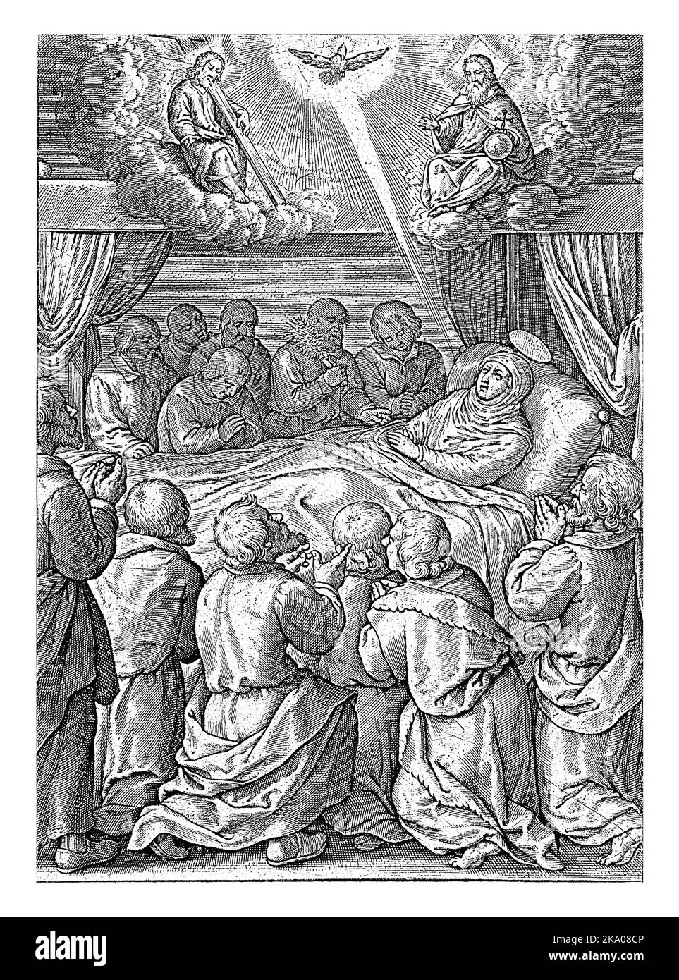 Death of Mary, Hieronymus Wierix, 1563 - before 1619 Mary lies in bed ...