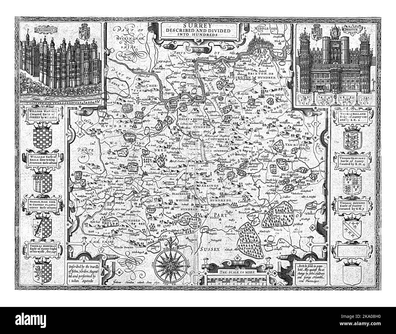 Map of Surrey, with a view of Nonsuch in the top right and a view of ...