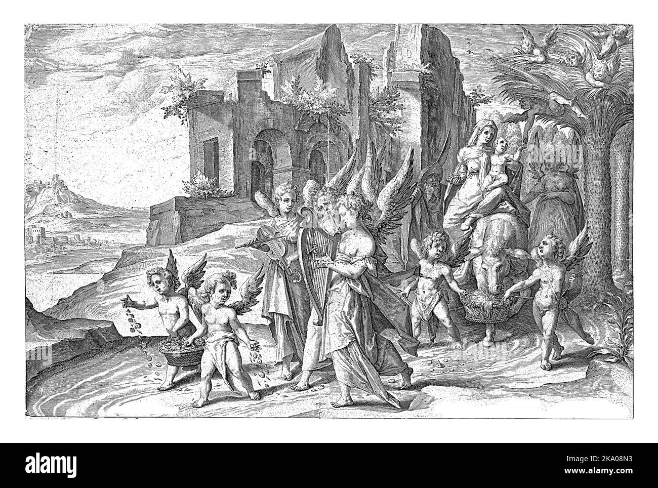 Mary rides with the Christ Child on her arm on a donkey, surrounded by ...