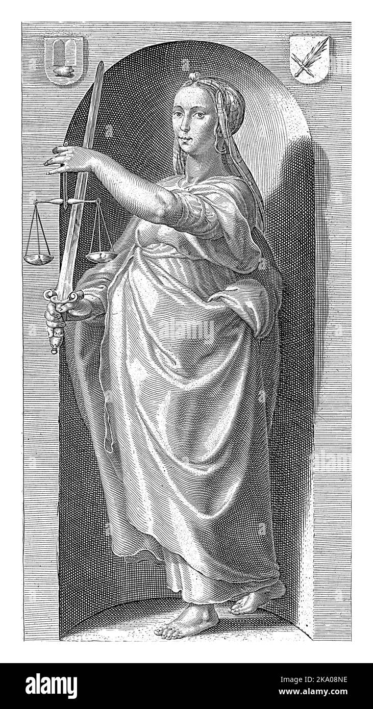 Personification of justice, with scales and sword, standing in niche ...