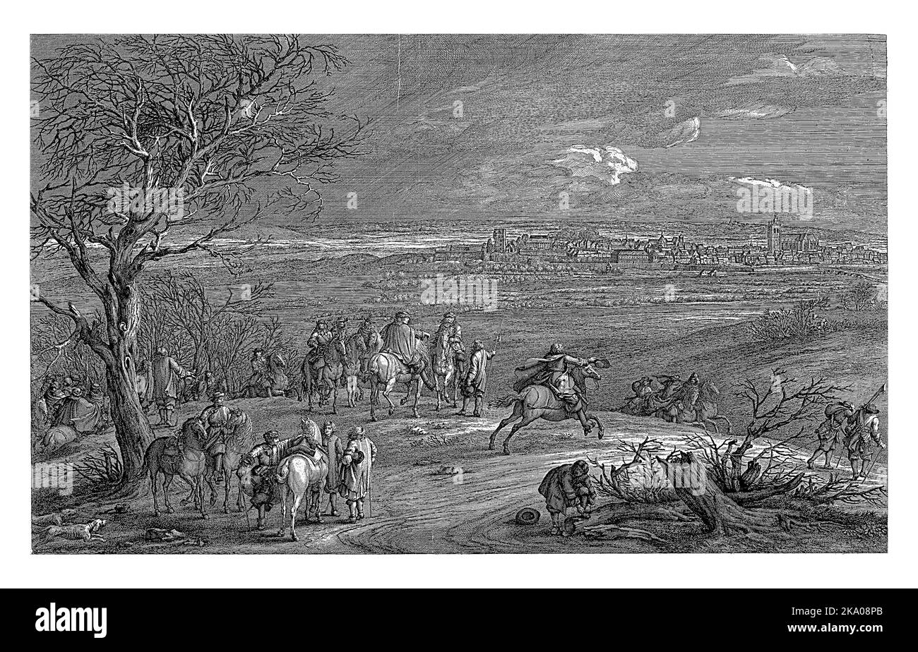 Soldiers of the army of Louis XIV, King of France, sit on horseback and ...