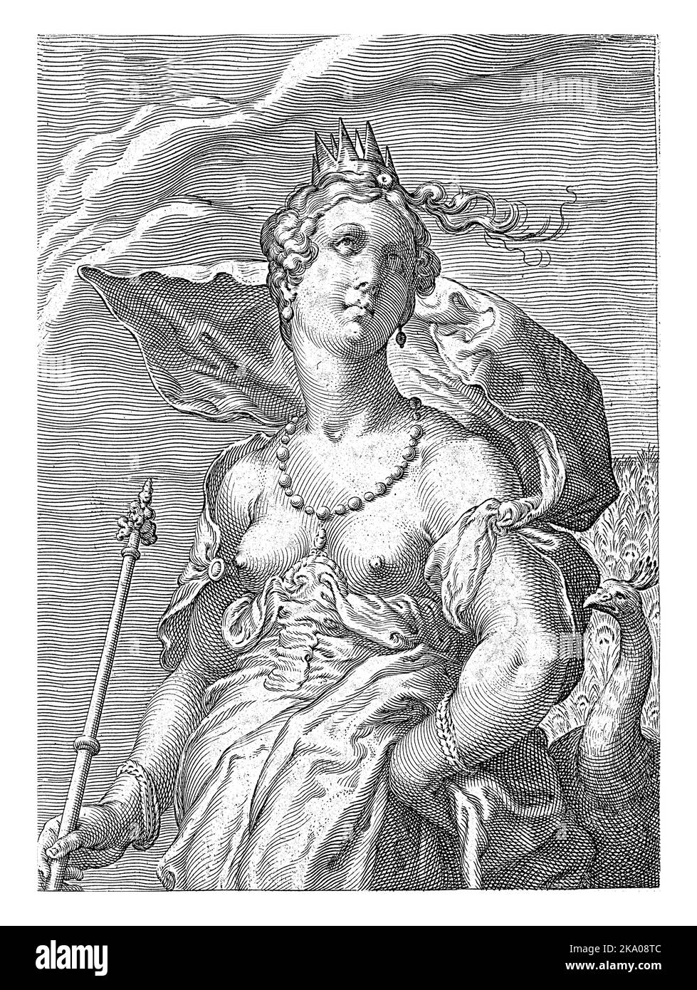The goddess Juno, with a crown on her head. Next to her a peacock, her ...
