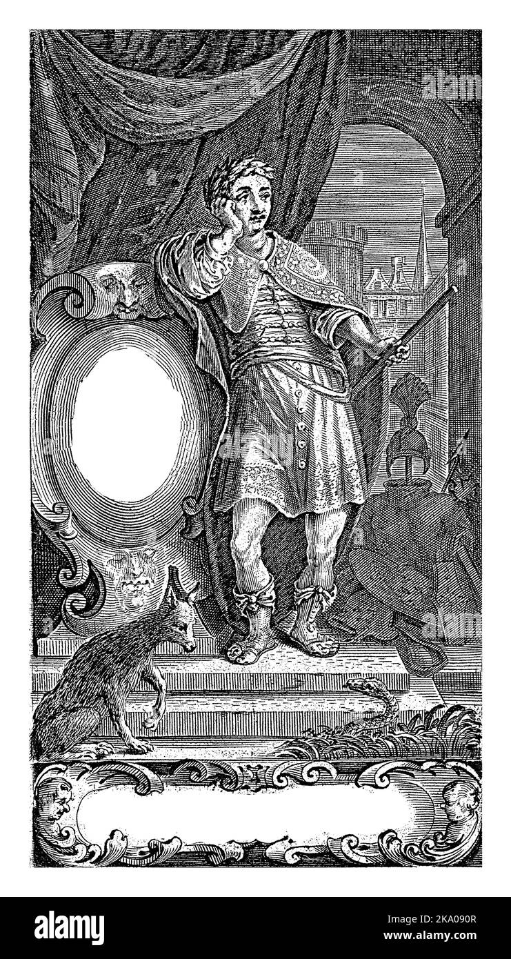 An emperor leans on a cartouche bearing the title in Latin. At his feet ...