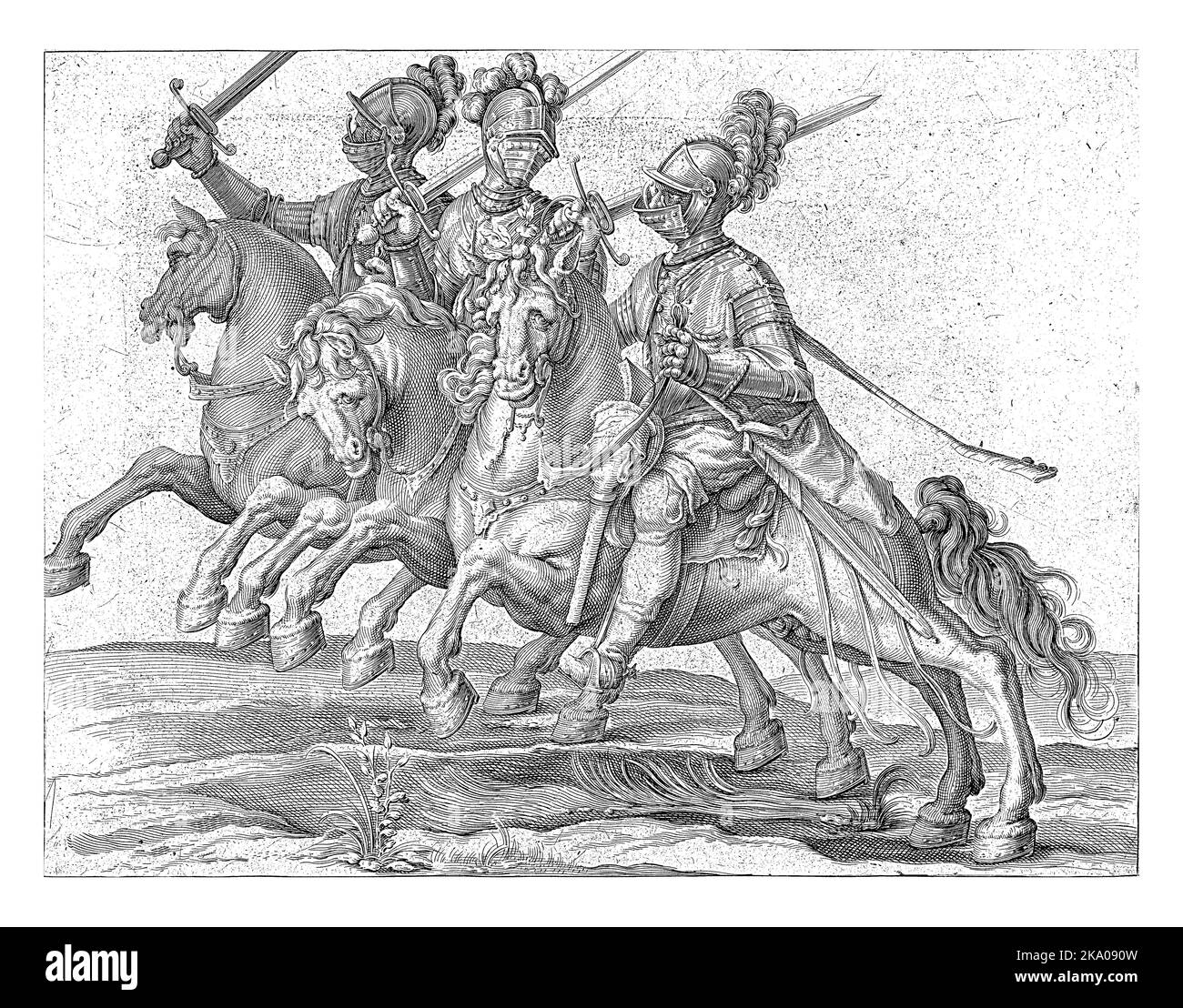 Three armored men on horseback, riding to the left, each holding a ...